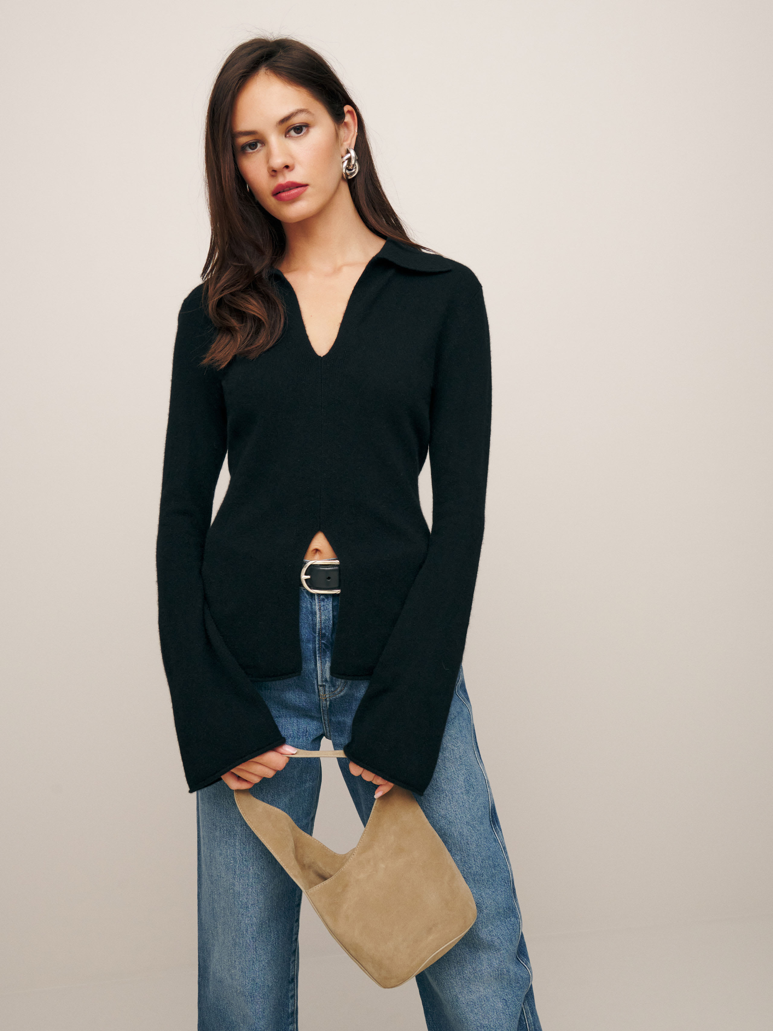 Reformation Jade Cashmere Collared Sweater In Black | ModeSens